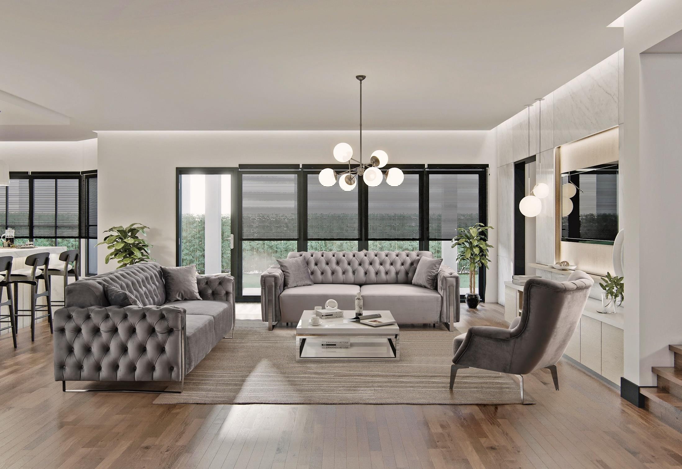 DANA Silver chesterfield kanapé szett 3-3-1 fős, szürke bársony— Deluzzo